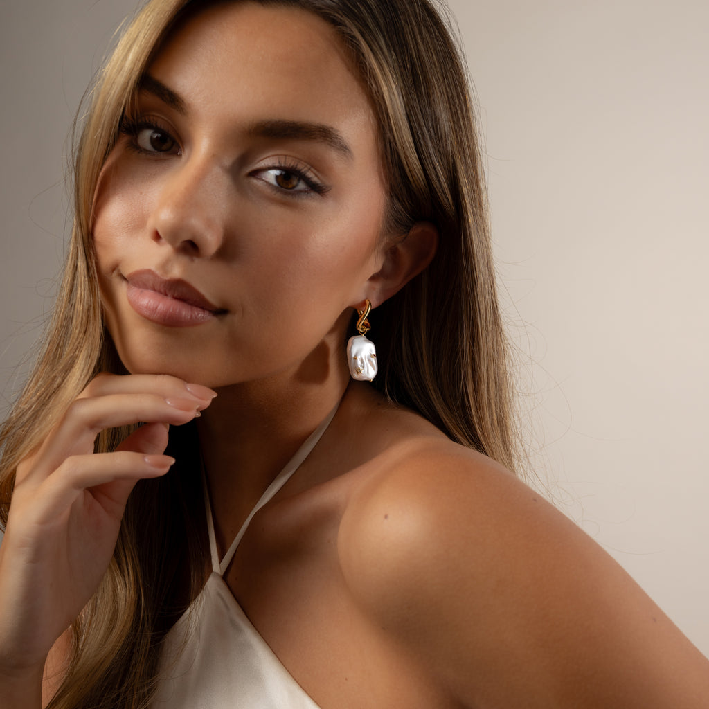 Bold Baroque Pearl Charm Hoop Earrings in 18K Gold | Caitlyn Minimalist