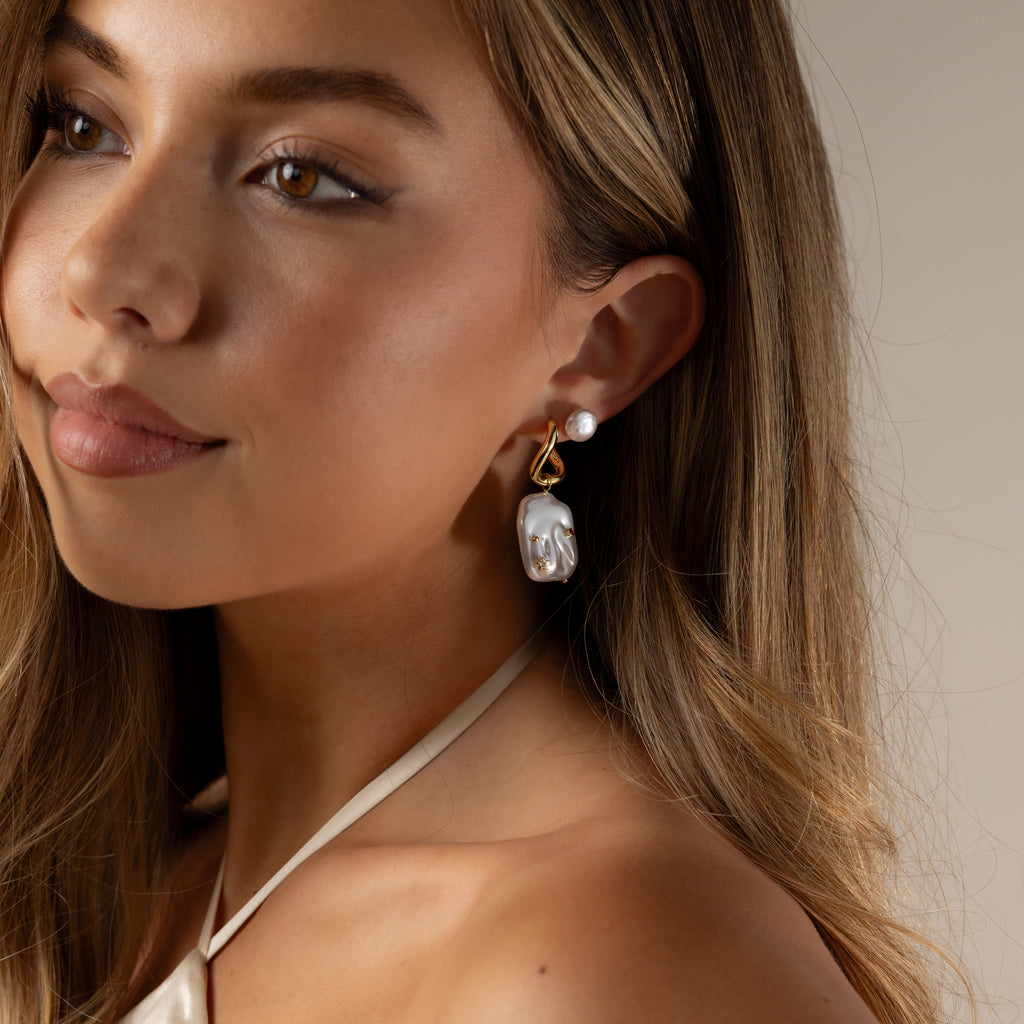 Bold Baroque Pearl Charm Hoop Earrings in 18K Gold | Caitlyn Minimalist