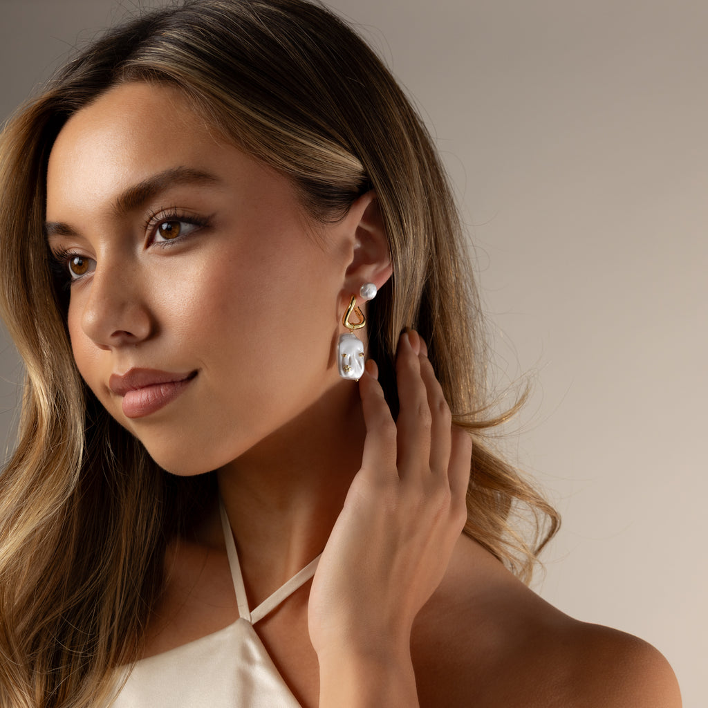 Bold Celestial Baroque Pearl Charm Hoop Earrings | Caitlyn Minimalist