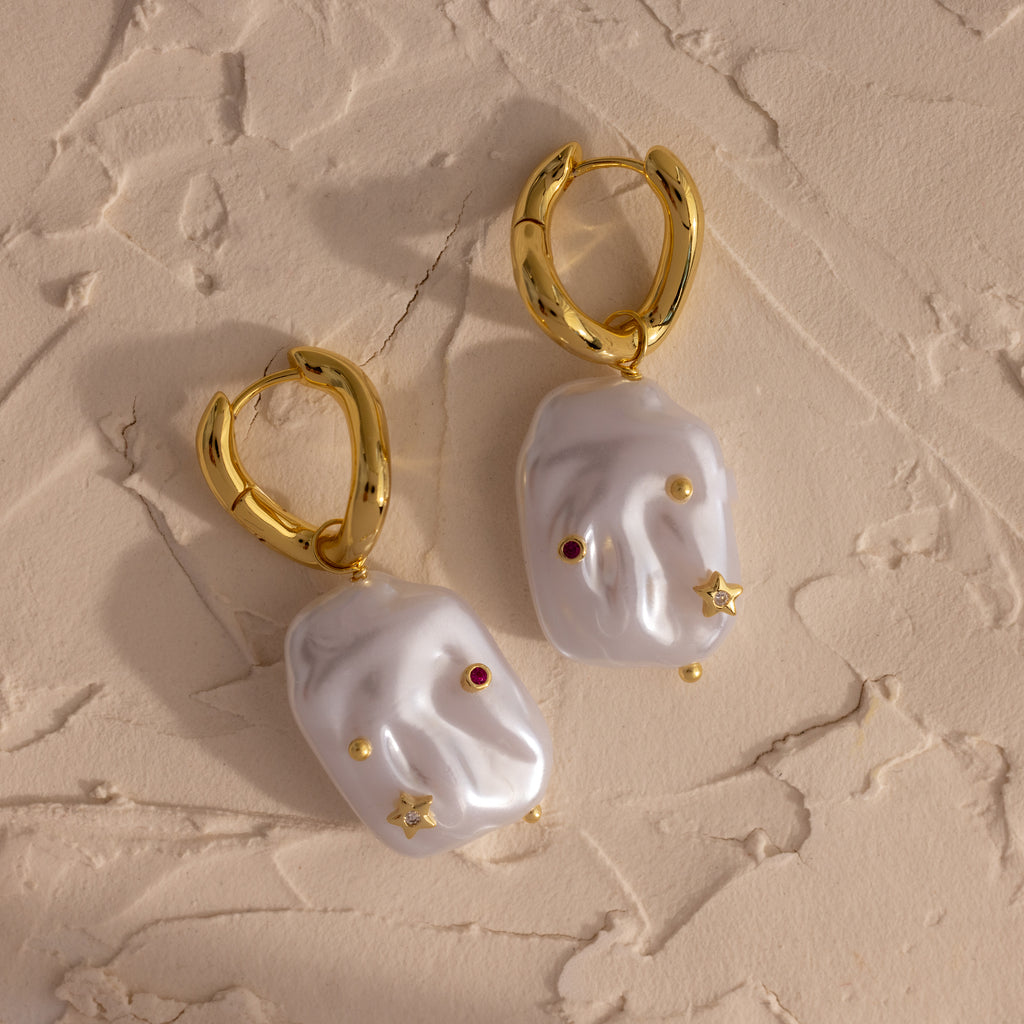 Bold Baroque Pearl Charm Hoop Earrings in 18K Gold | Caitlyn Minimalist