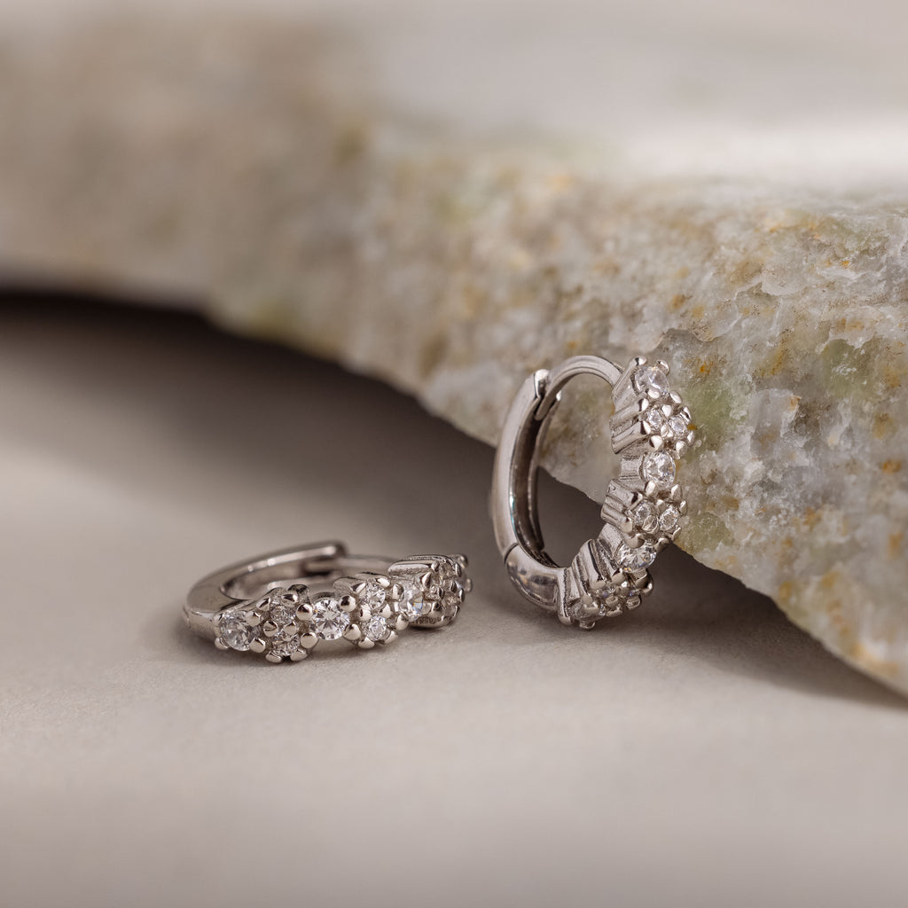 Dainty Diamond Cluster Huggie Hoop Earrings in Silver | Caitlyn Minimalist