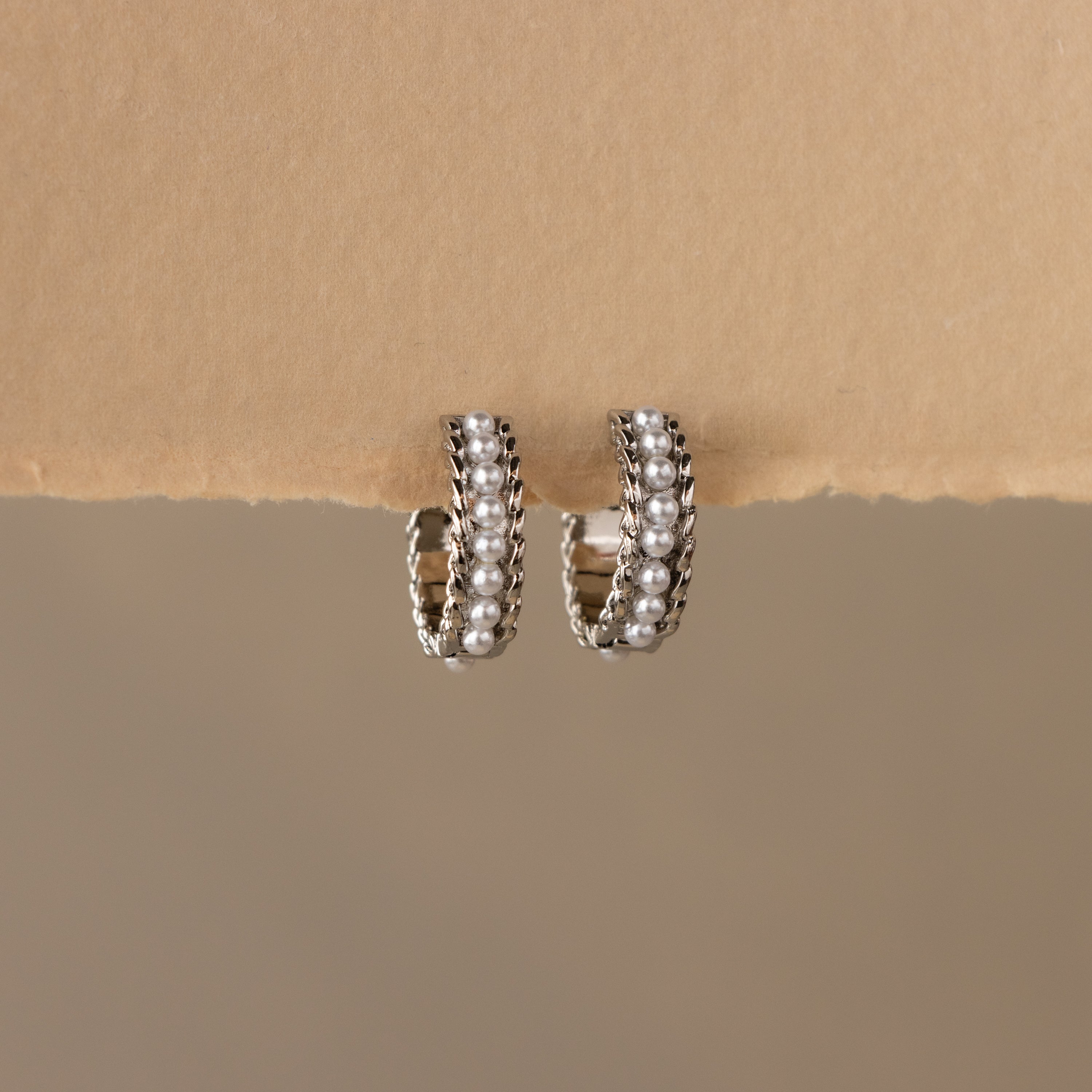 Eternity Pearl Channel Huggies in Silver | Caitlyn Minimalist