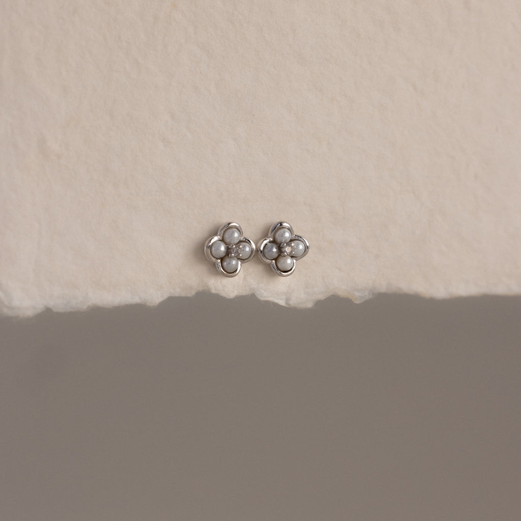 Rounded Pearl Flower Stud Earrings in Sterling Silver | Caitlyn Minimalist