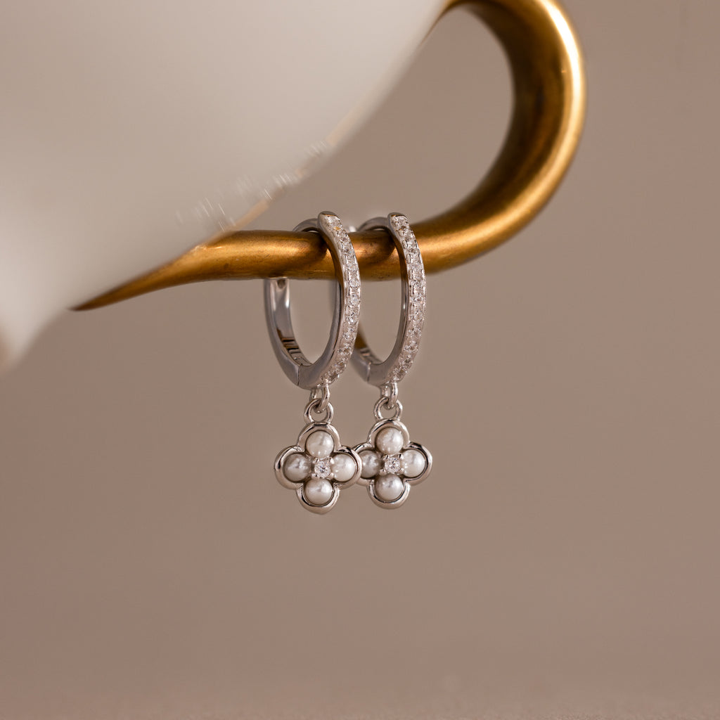 Pave Rounded Pearl Flower Hoop Earrings in Sterling Silver | Caitlyn ...