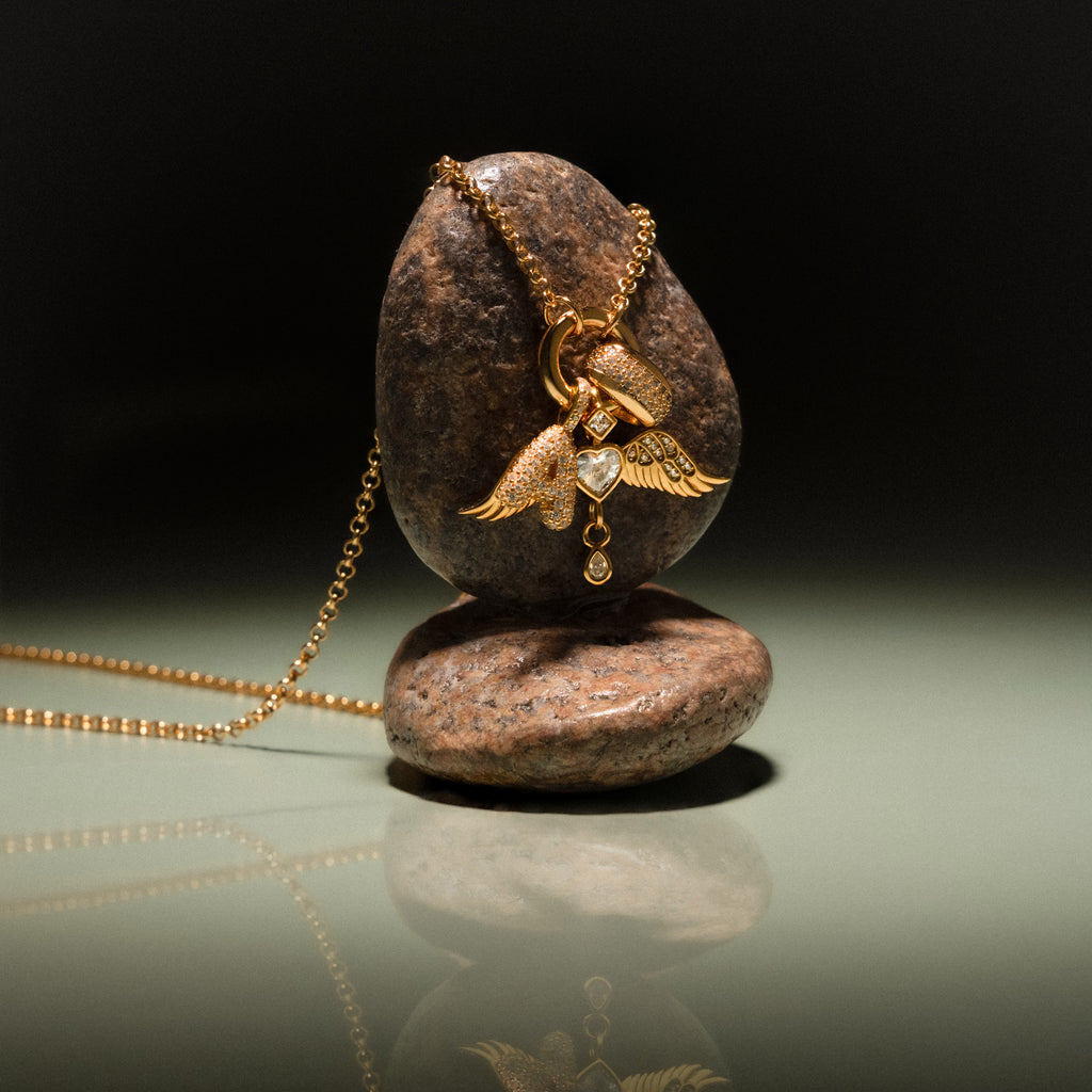 Diamond Heart Angel Wing Drop Charm in 18K Gold | Caitlyn Minimalist