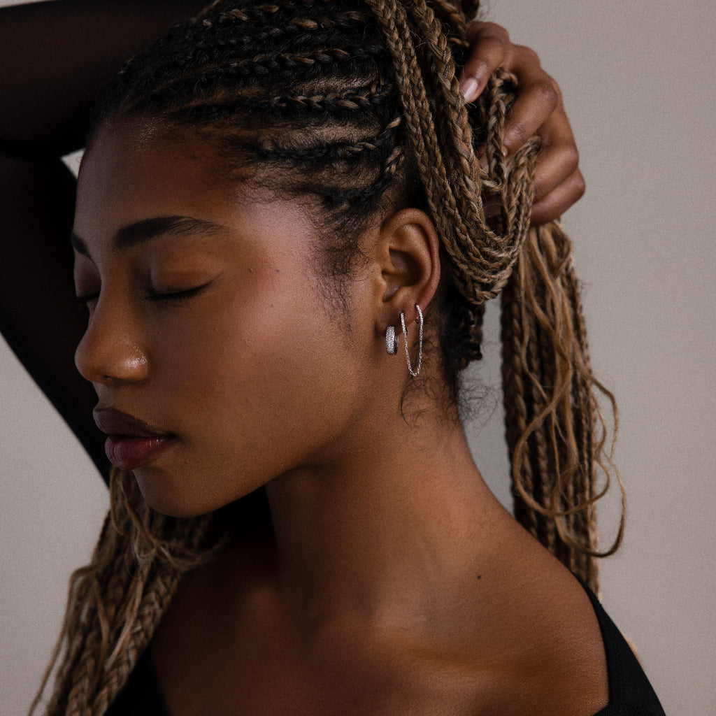 Pave Duo Cuff Chain Earring in Silver | Caitlyn Minimalist