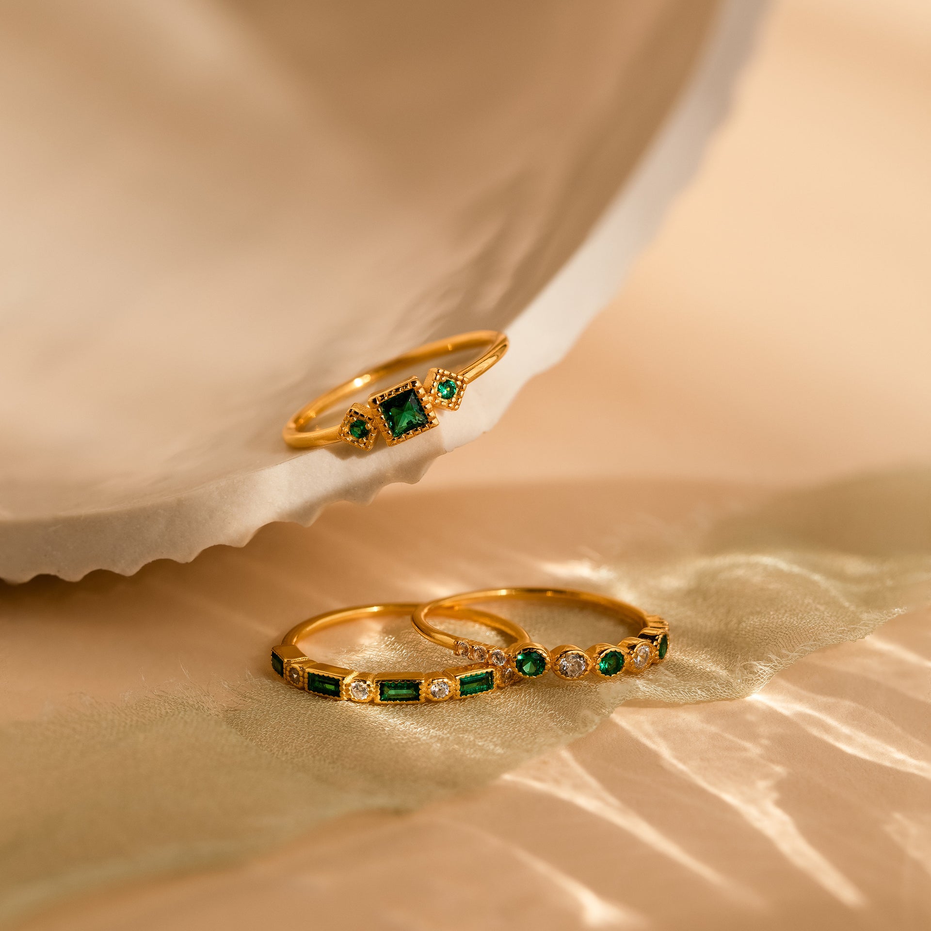 Art Deco Emerald Diamond Stacking Ring Set | Caitlyn Minimalist