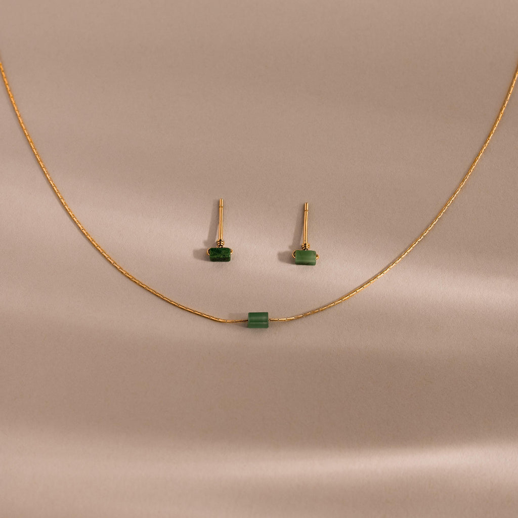 Dainty Jade Bar Necklace & Stud Earrings Set | Caitlyn Minimalist