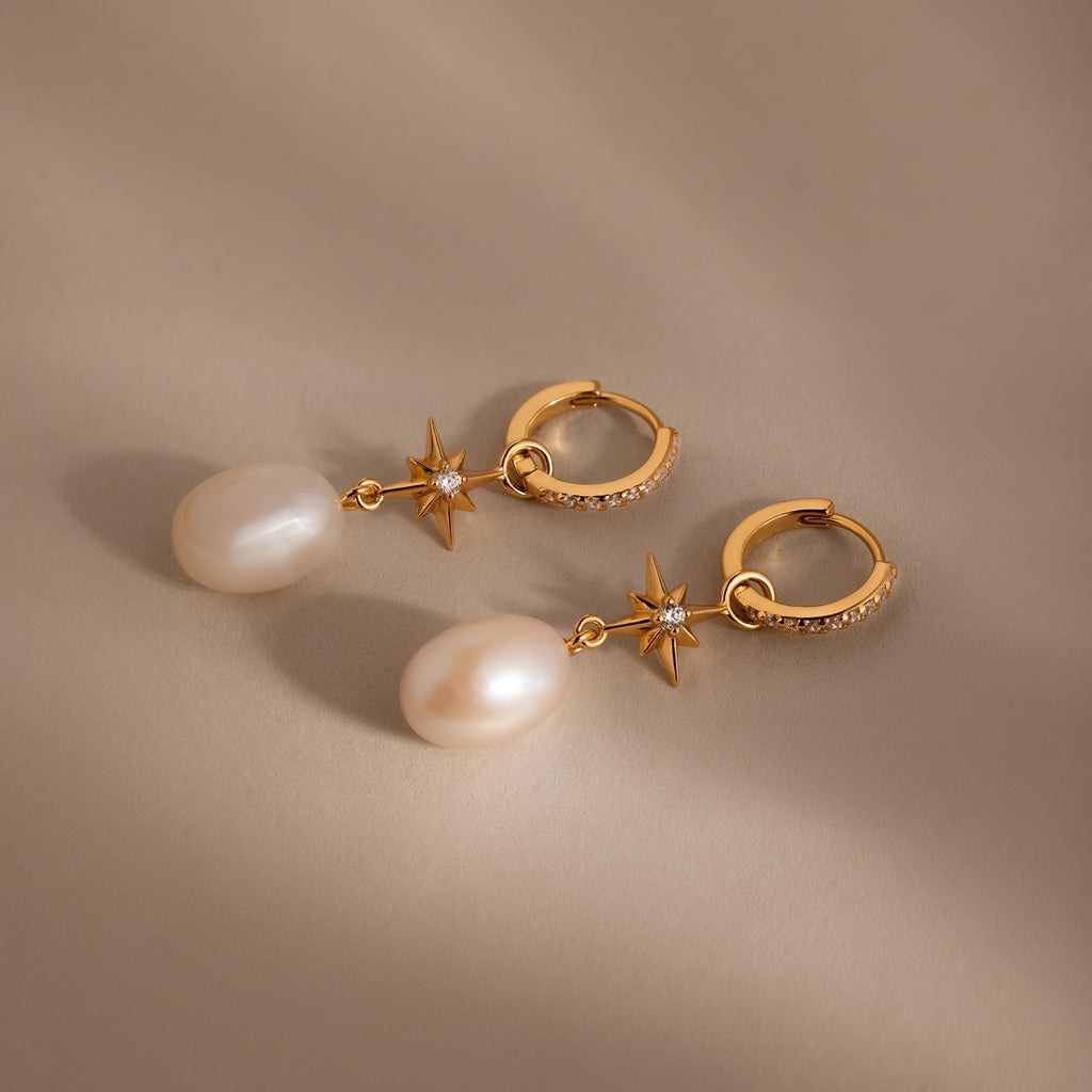 Pave North Star Pearl Drop Hoop Earrings in 18K Gold | Caitlyn Minimalist