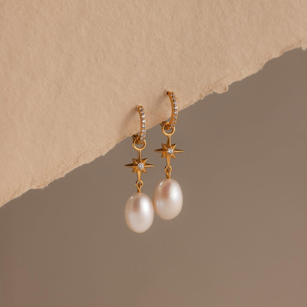 Pave North Star Pearl Drop Hoop Earrings in 18K Gold | Caitlyn Minimalist