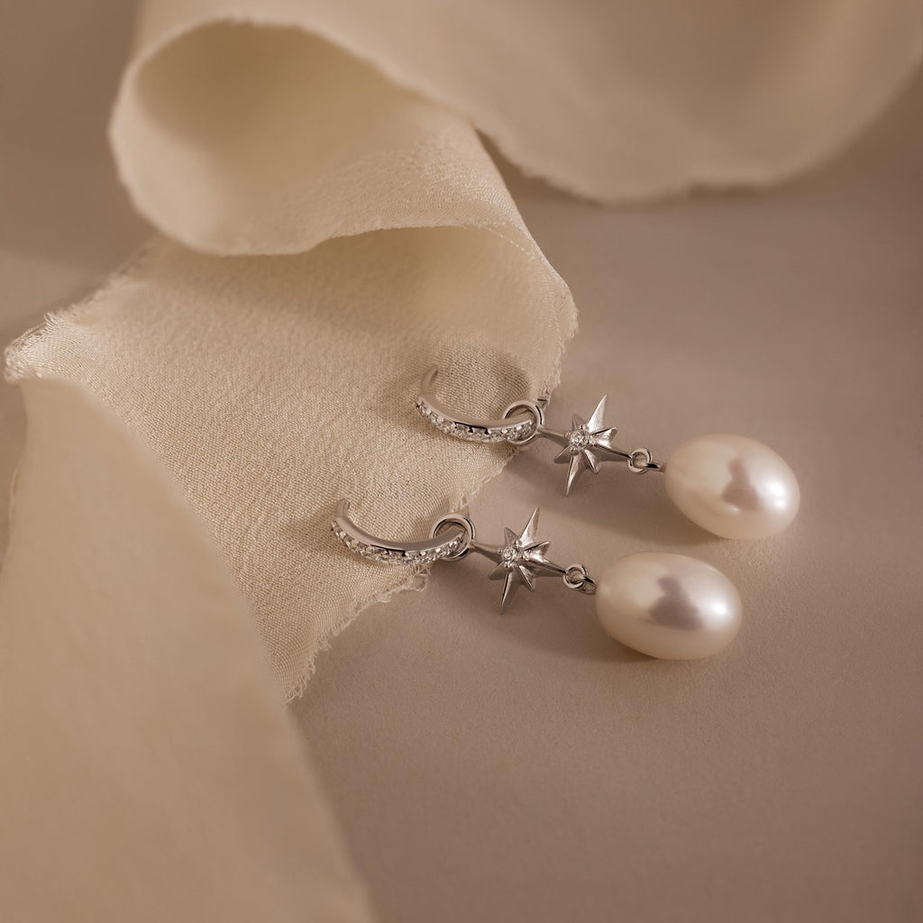 Pave North Star Pearl Drop Hoop Earrings in Sterling Silver | Caitlyn ...