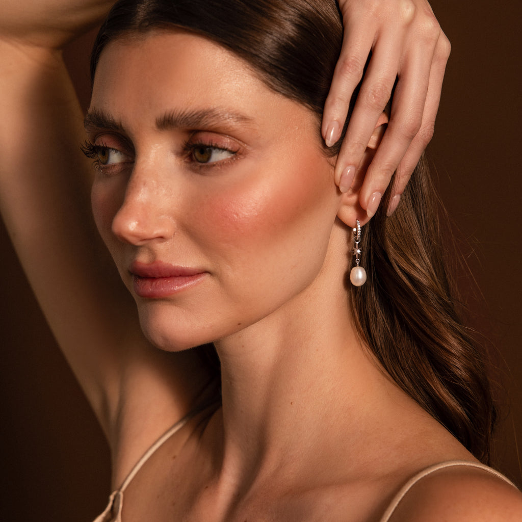 Pave North Star Pearl Drop Hoop Earrings in Sterling Silver | Caitlyn ...